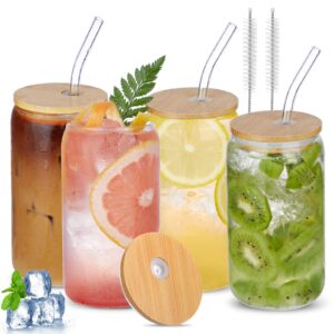 fasisoy glass cups with bamboo lids and straws 4pcs 16oz coffee beer can cups with lids and straws drinking glasses glass coffee mugs aesthetic cute glass tumbler, coffee bar accessories gifts