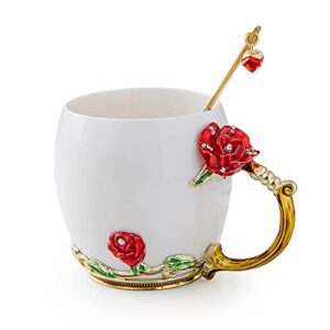 ceramic coffee cup, 3d flower cup tea mug with spoon,enamel rose flower mugs for women ,birthday christmas gifts