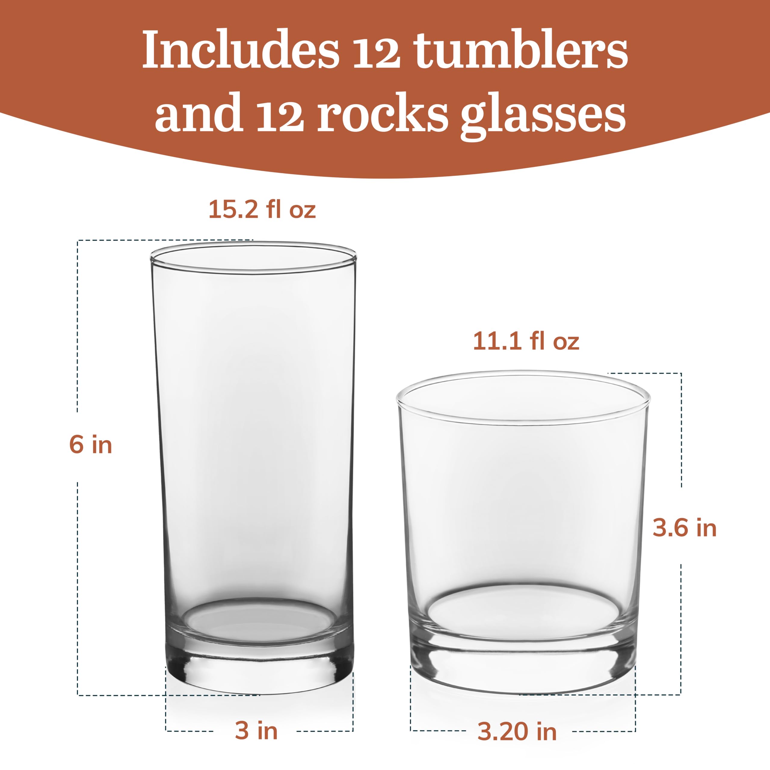 Libbey 55575 Province 24-Piece Tumbler and Rocks Glass Set, Elegant Drinkware Glasses Set with 15.2 Oz Tumbler and 11.1 Oz Rock Glasses, Clear Drinking Glasses Set with Modern Lines