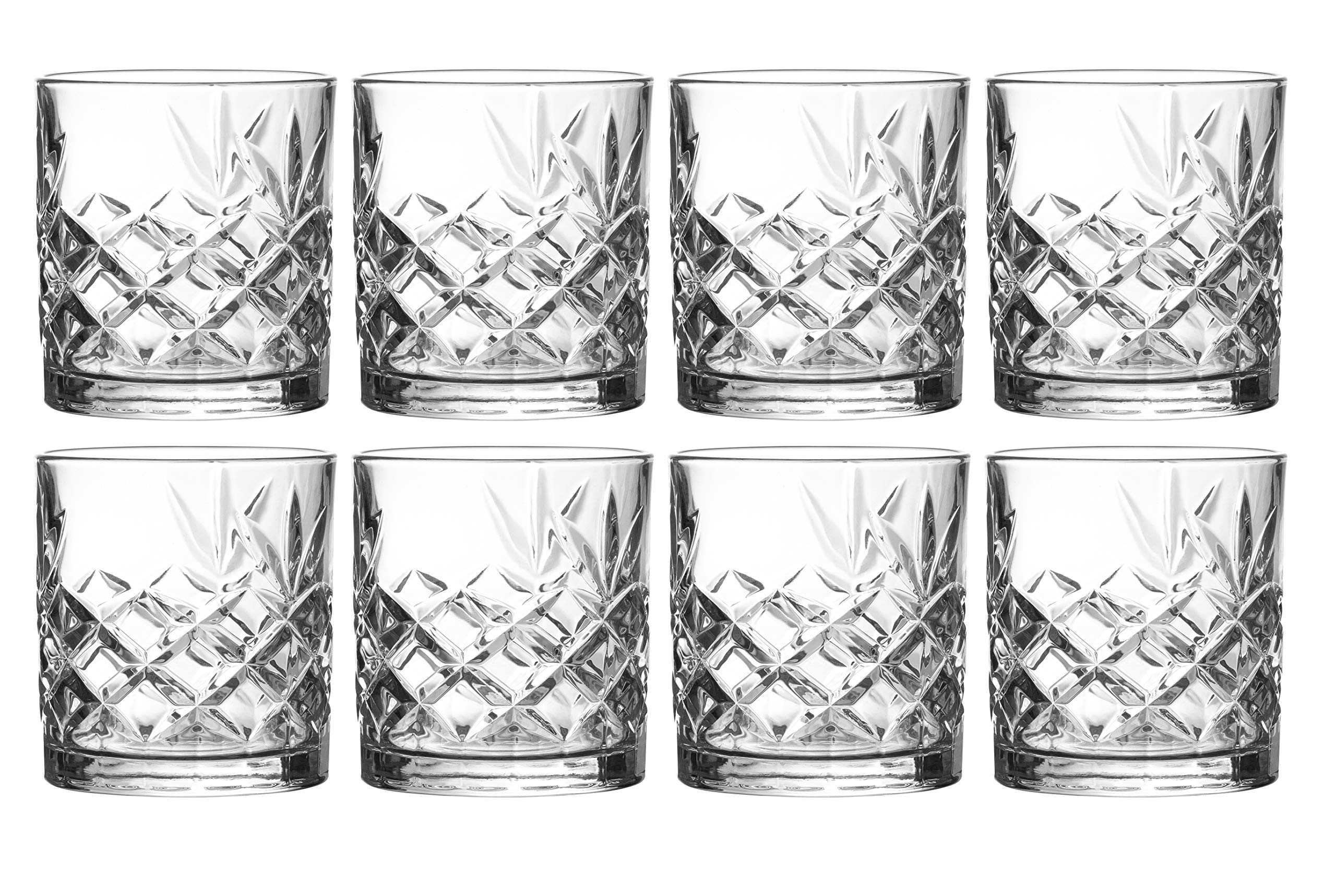 Royalty Art Kinsley Lowball Whiskey Glasses, 8 Pc. Set, 10.6 ounce Short Drinking Glassware for Liquor, Bourbon, Rye, or Beer, Elegant Drinkware for Men or Women, Dishwasher Safe (Lowball)