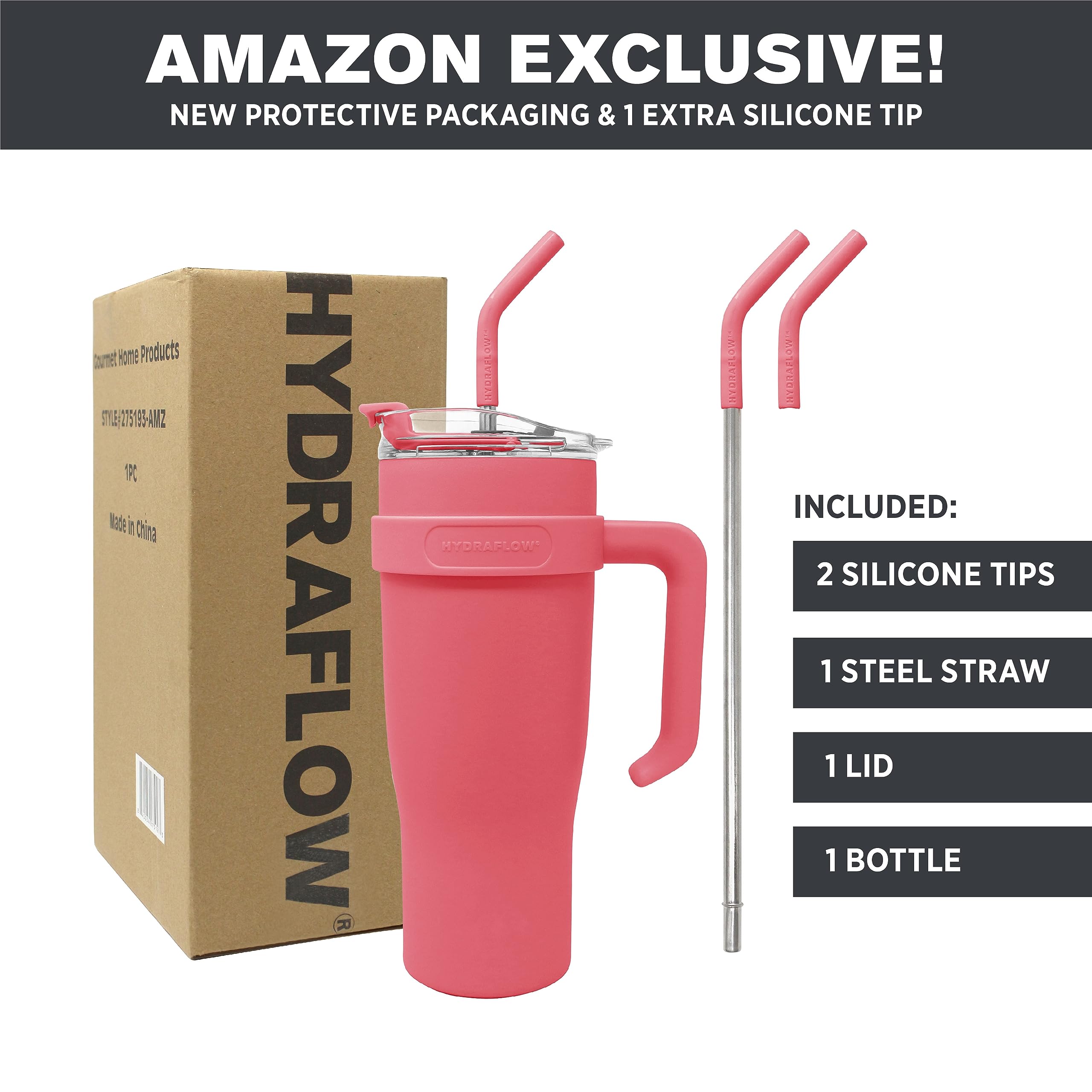 HYDRAFLOW Capri - 40oz Tumbler with Straw and Handle - Triple Wall Vacuum Insulated Tumbler - Insulated Smoothie Cup - Stainless Steel Tumbler - Reusable Tumbler with Lid - Coral