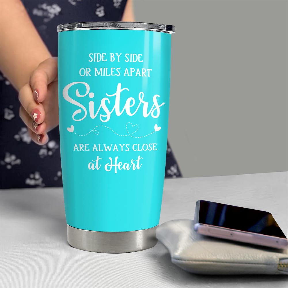 SANDJEST Sister Birthday Gifts from Sister Tumbler Side by Side Close At Heart - 20 oz Silk Printing Mint Stainless Steel Insulated Travel Mug | Christmas Tumblers Gifts from Brothers, Sisters