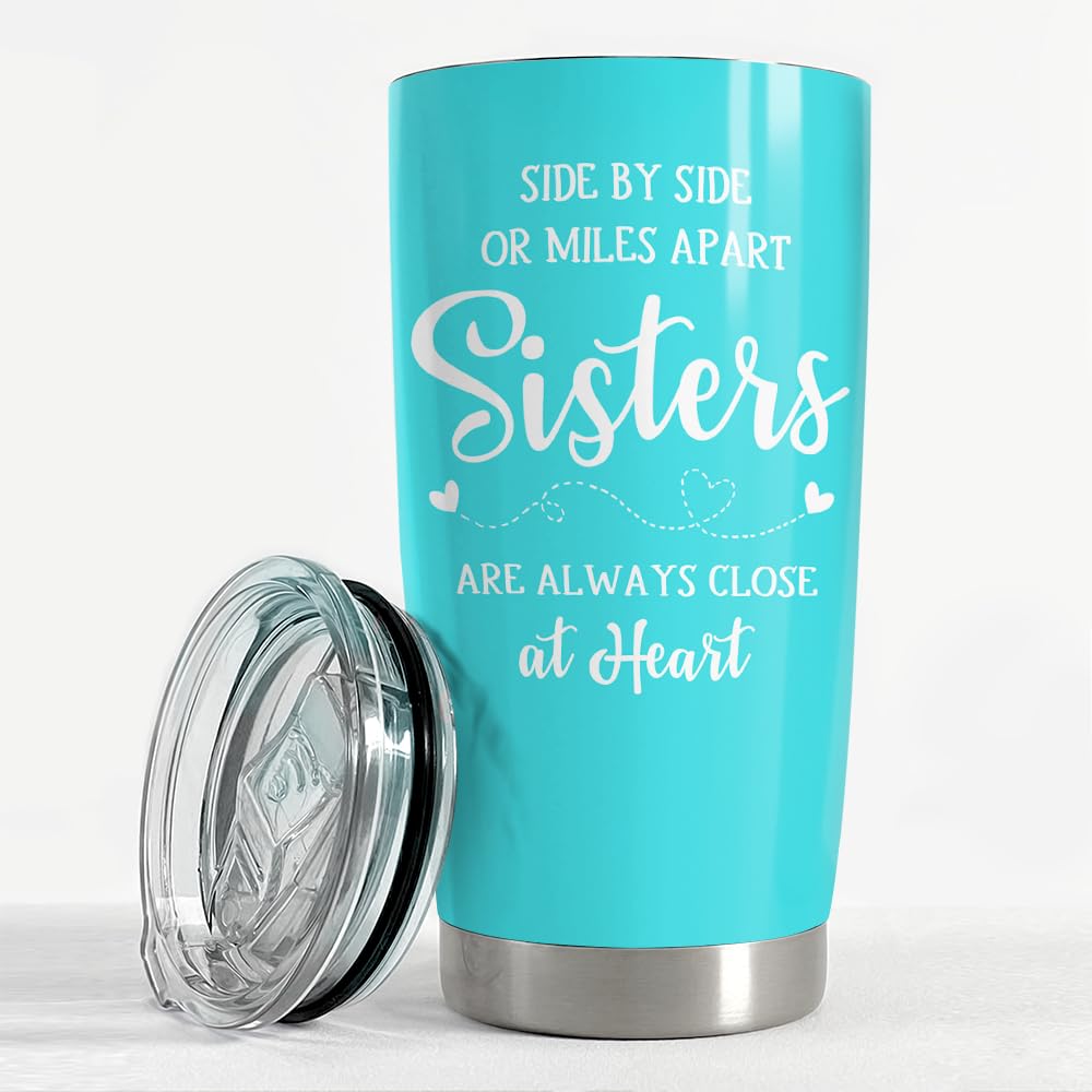 SANDJEST Sister Birthday Gifts from Sister Tumbler Side by Side Close At Heart - 20 oz Silk Printing Mint Stainless Steel Insulated Travel Mug | Christmas Tumblers Gifts from Brothers, Sisters