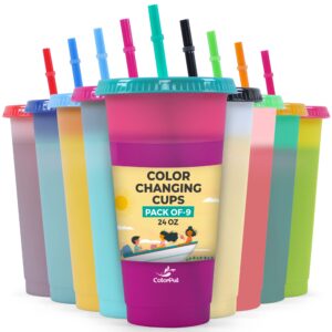 colorpul 24oz plastic tumblers - 9 pack color changing cups with lids and straws - reusable smoothie cups for kids