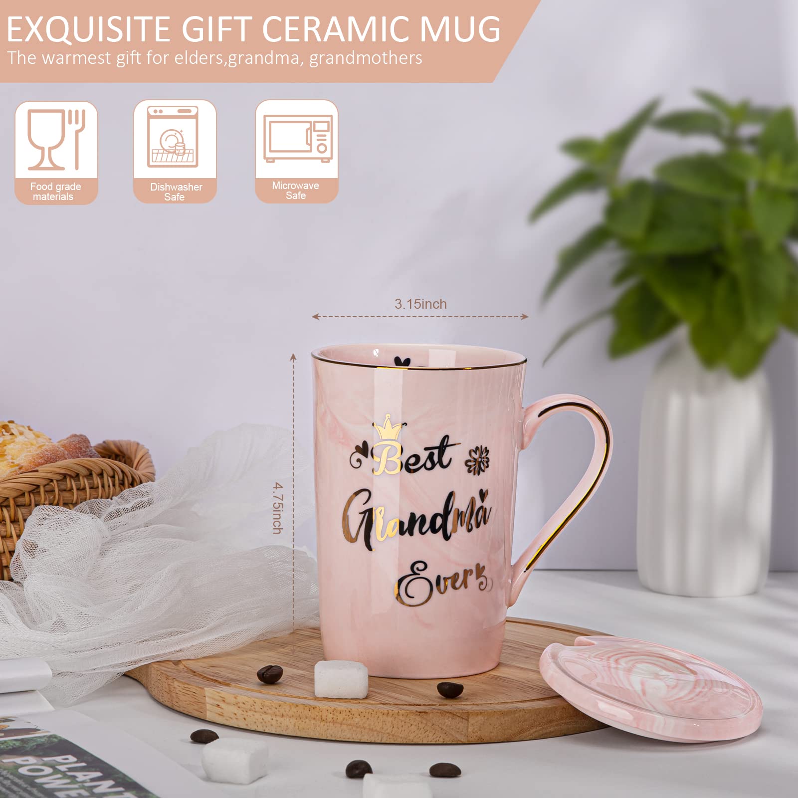 Grandma Gifts - Birthday Gifts for Grandma - Best Grandma Ever Mug - Unique Birthday Mothers Day Gifts Ideas for Grandma, Grandmother - Marble Ceramic Grandma Coffee Mug Print with Gold 14oz Pink