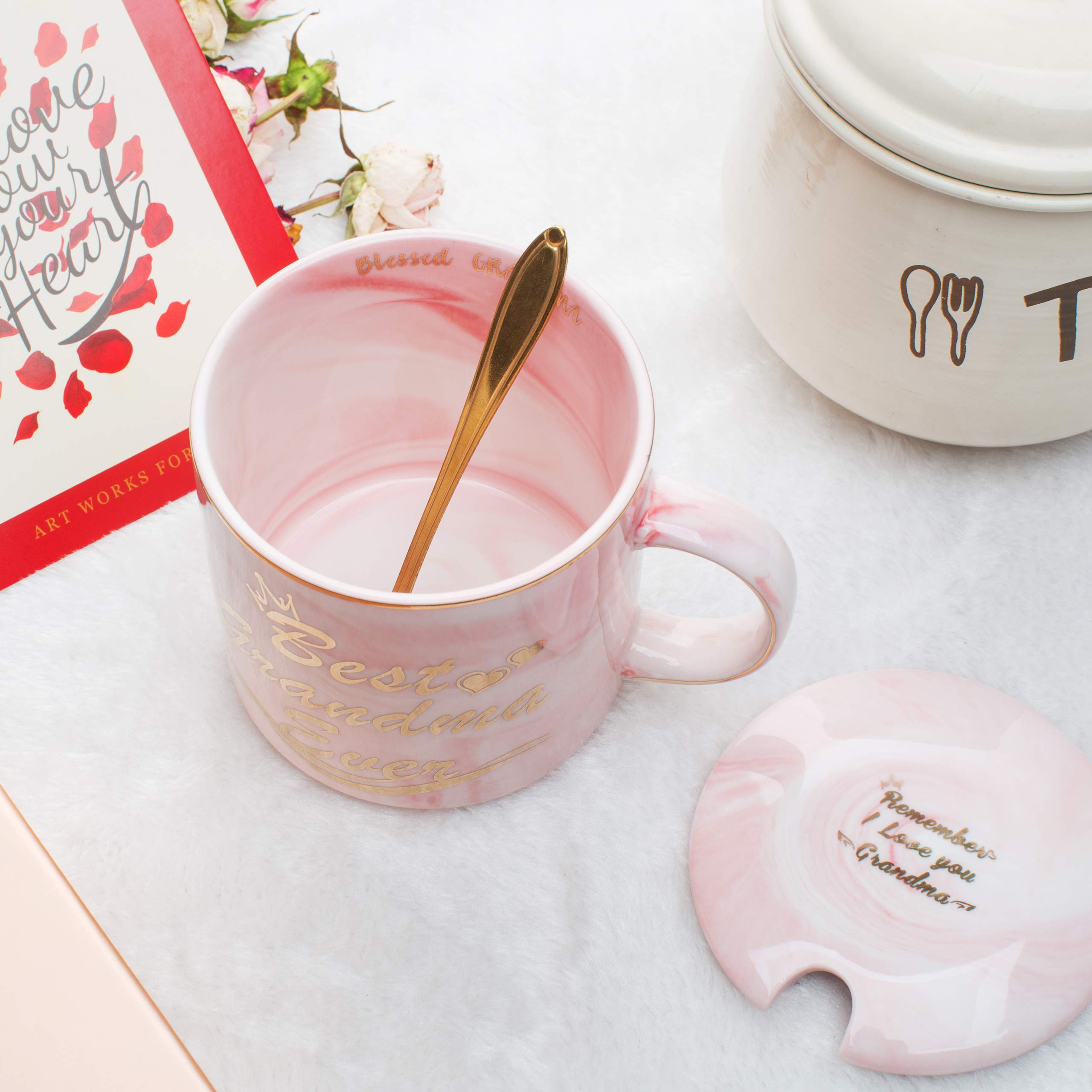 Luspan Best Grandma Gifts - Gifts for Grandma - Best Grandma Ever Pink Marble Ceramic Coffee Mug 11.5oz and Lid