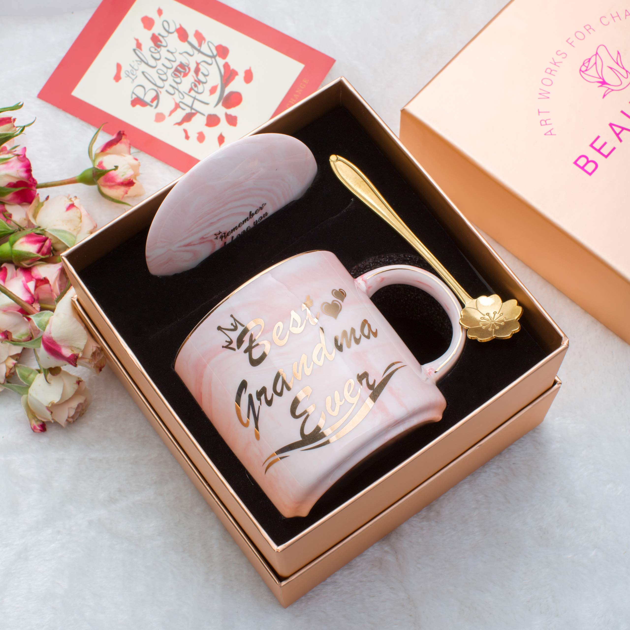 Luspan Best Grandma Gifts - Gifts for Grandma - Best Grandma Ever Pink Marble Ceramic Coffee Mug 11.5oz and Lid