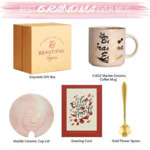 Luspan Best Grandma Gifts - Gifts for Grandma - Best Grandma Ever Pink Marble Ceramic Coffee Mug 11.5oz and Lid