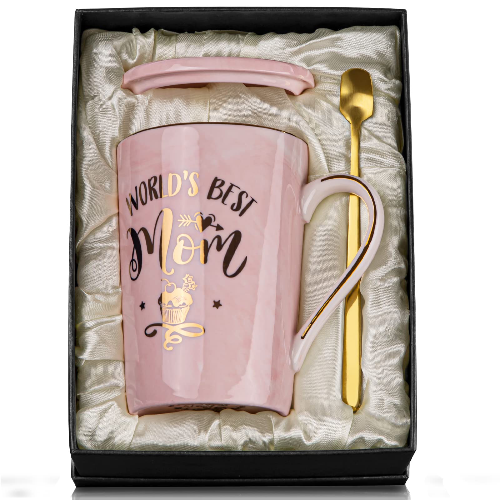 Mothers Day Gifts for Mom - Mom Birthday Gifts from Daughter Son - Birthday Gifts Ideas for Mom, New Mother, Wife, Women - Ceramic Marble World’s Best Mom Coffee Mug Gift Box Printed Gold 14 oz Pink