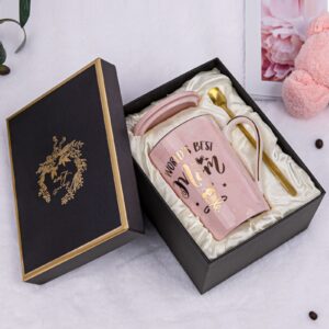 Mothers Day Gifts for Mom - Mom Birthday Gifts from Daughter Son - Birthday Gifts Ideas for Mom, New Mother, Wife, Women - Ceramic Marble World’s Best Mom Coffee Mug Gift Box Printed Gold 14 oz Pink