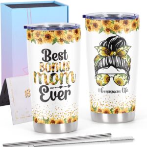 cosictic mother's day gift for bonus mom, sunflower best bonus mom travel tumbler, birthday christmas gift for bonus mom stepmom mother in law