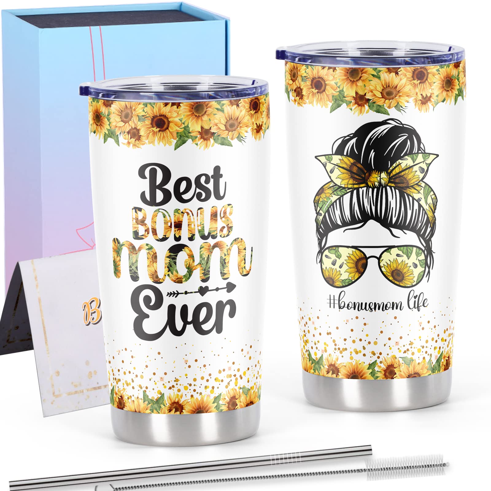 Cosictic Mother's Day Gift for Bonus Mom, Sunflower Best Bonus Mom Travel Tumbler, Birthday Christmas Gift For Bonus Mom Stepmom Mother In Law