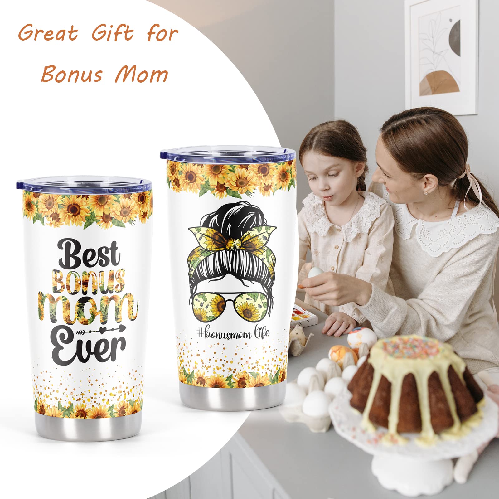 Cosictic Mother's Day Gift for Bonus Mom, Sunflower Best Bonus Mom Travel Tumbler, Birthday Christmas Gift For Bonus Mom Stepmom Mother In Law