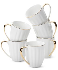 btat- white coffee mugs, set of 6, 12oz, white porcelain with gold trim coffee mug set, hot chocolate mugs, ceramic mugs, large mugs for coffee, set of mugs, hot cocoa mugs