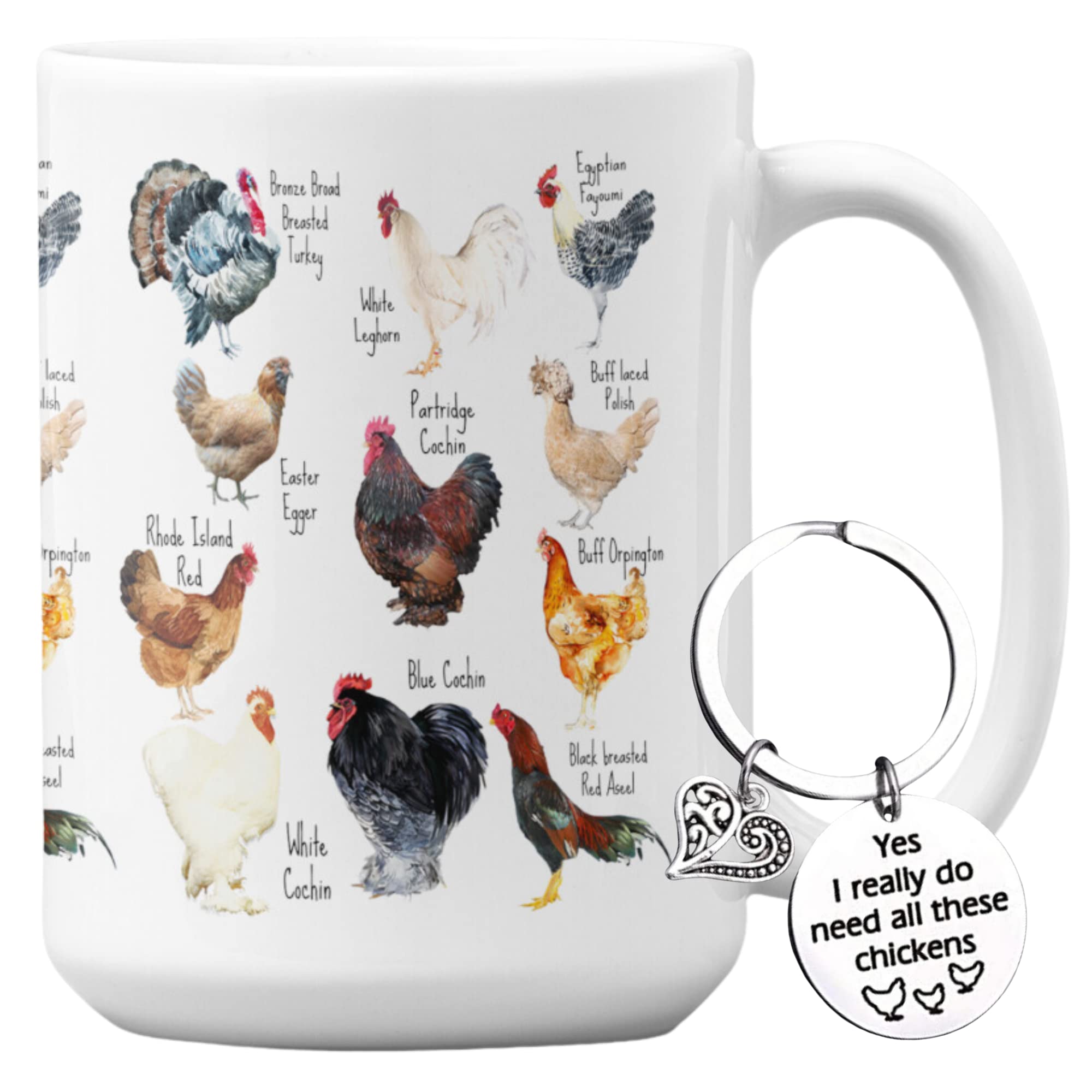 Vivulla68 Breeds of Chicken Coffee Mug 15Oz With Keychain, Chicken Gifts For Chicken Lovers, Chicken Mom Stuffs, Chicken Coffee Cup For Women, Chicken Themed Gifts, Chicken Lady Gifts