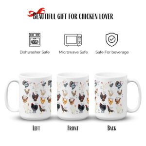 Vivulla68 Breeds of Chicken Coffee Mug 15Oz With Keychain, Chicken Gifts For Chicken Lovers, Chicken Mom Stuffs, Chicken Coffee Cup For Women, Chicken Themed Gifts, Chicken Lady Gifts