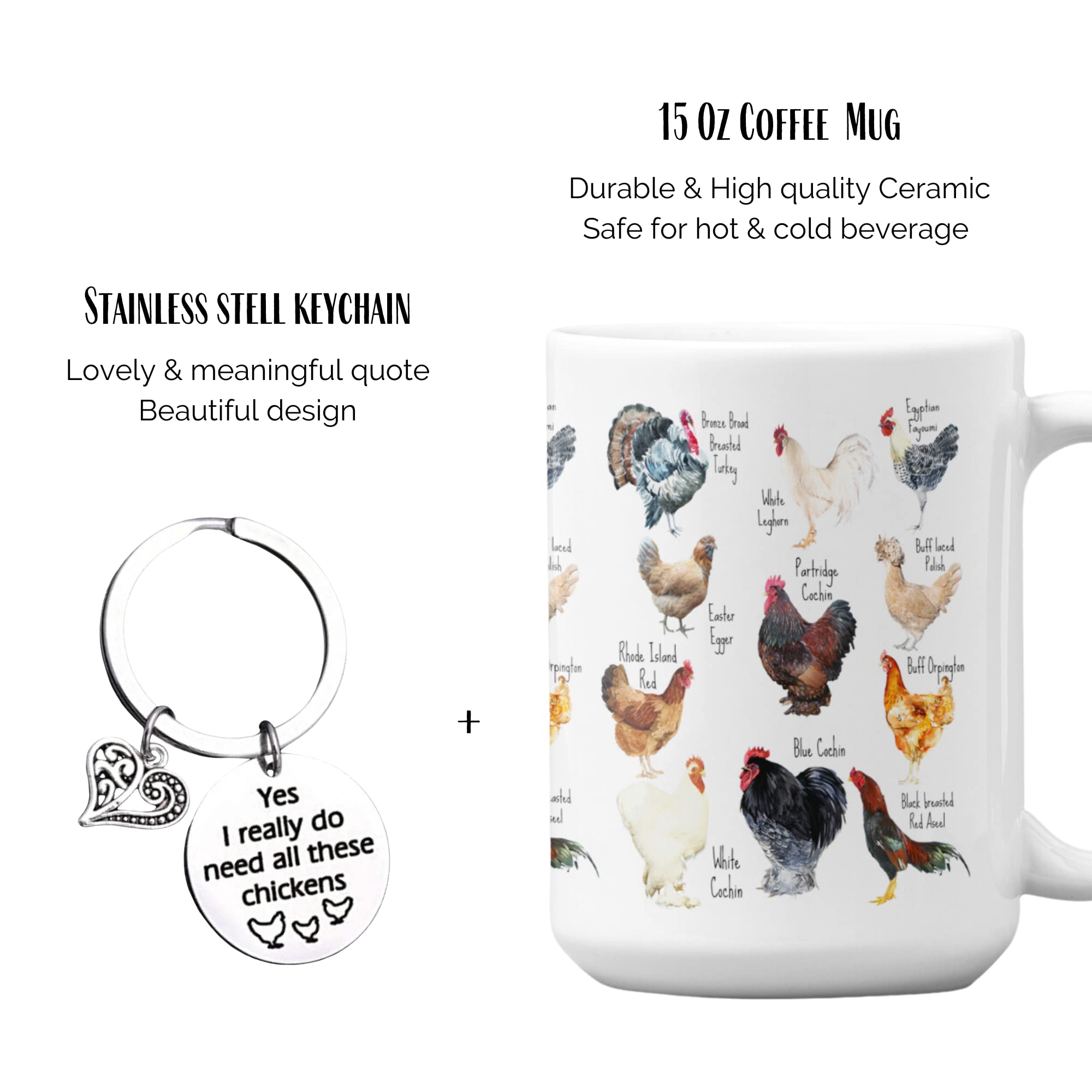 Vivulla68 Breeds of Chicken Coffee Mug 15Oz With Keychain, Chicken Gifts For Chicken Lovers, Chicken Mom Stuffs, Chicken Coffee Cup For Women, Chicken Themed Gifts, Chicken Lady Gifts