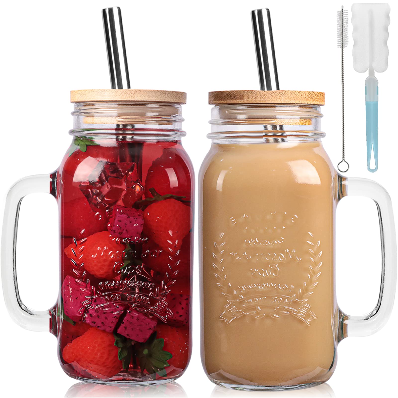 Yirilan 2 Pack 24Oz Mason jar cups with lids and straws, Mason Jars with Handle, Mason Jar Drinking Glasses with Lid and Straw, Mason Jar Mugs