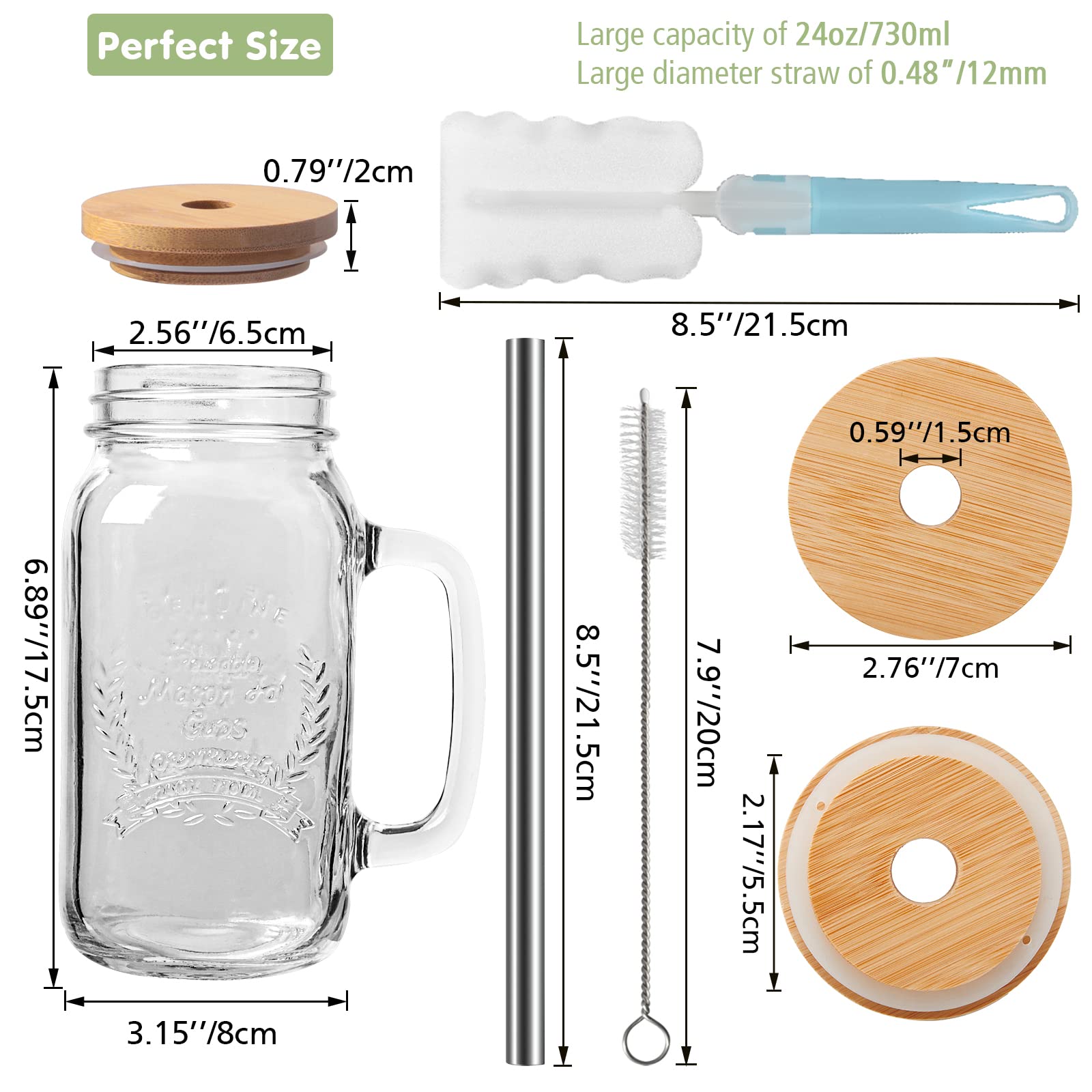 Yirilan 2 Pack 24Oz Mason jar cups with lids and straws, Mason Jars with Handle, Mason Jar Drinking Glasses with Lid and Straw, Mason Jar Mugs