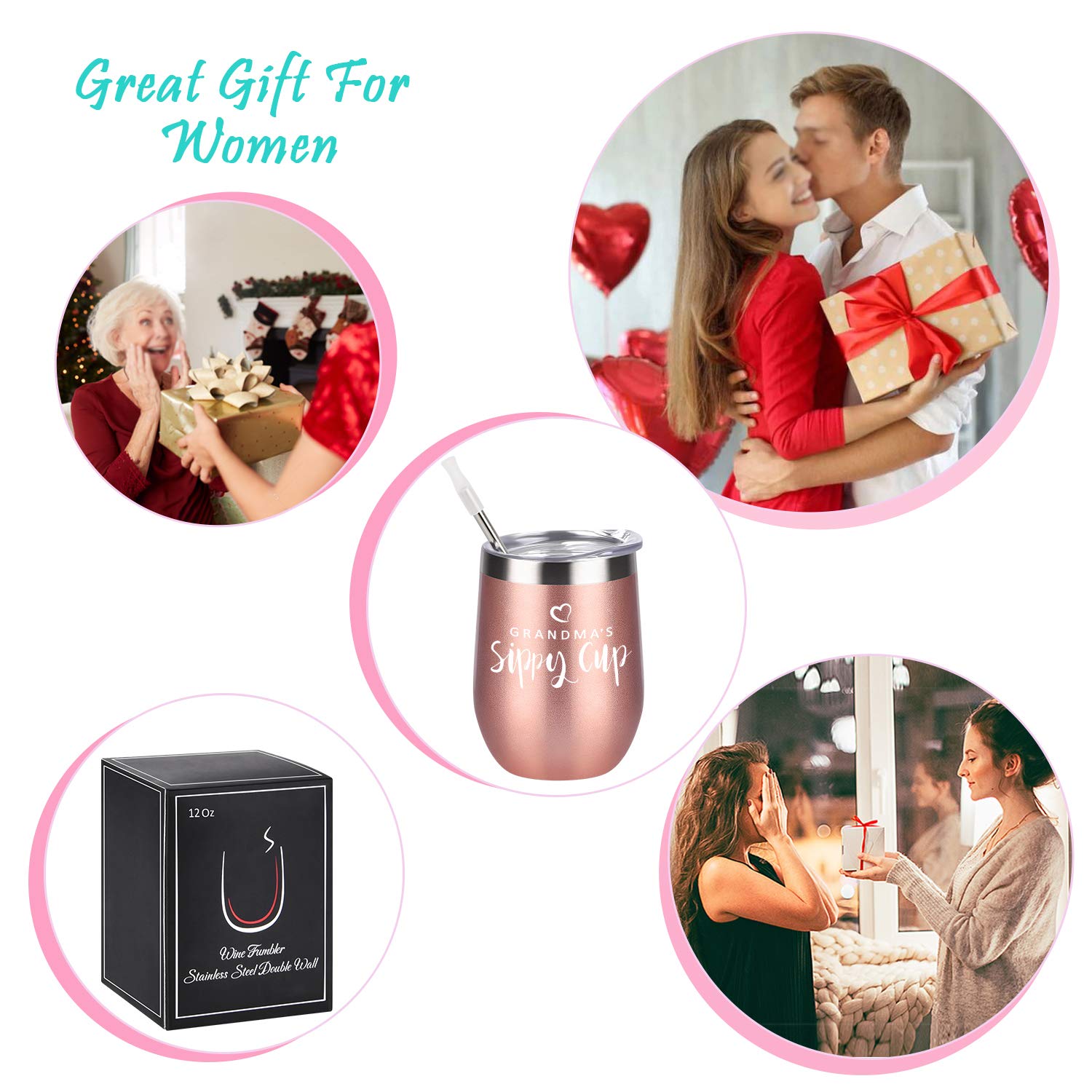 Gifts for Grandma Grandma's Sippy Cup Wine Tumbler with Lid, Birthday Mother's Day Gifts for Grandma Grandmother New Best Grandma Nana, 12 Oz Insulated Stainless Steel Tumbler with Straw, Rose Gold