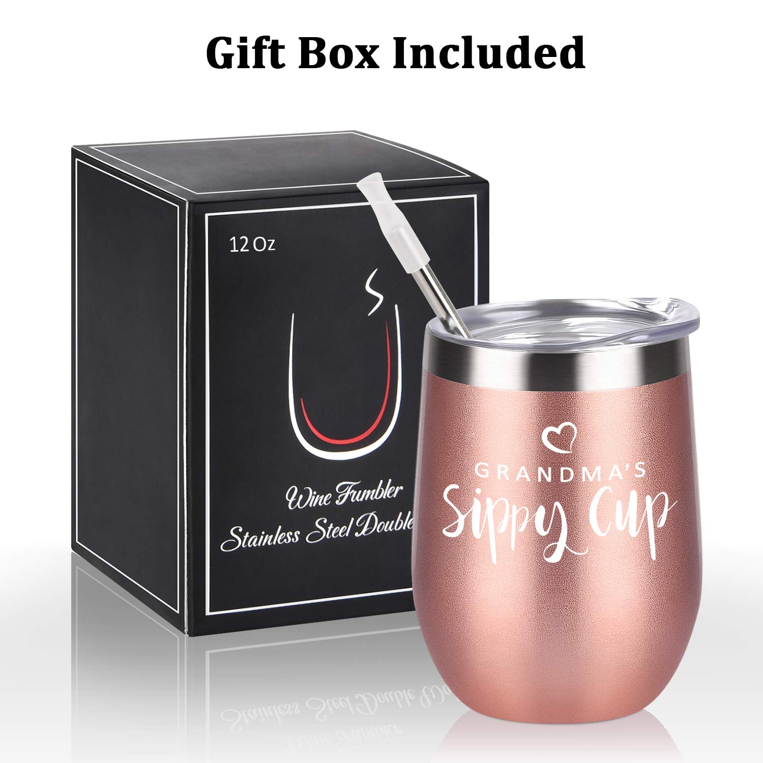 Gifts for Grandma Grandma's Sippy Cup Wine Tumbler with Lid, Birthday Mother's Day Gifts for Grandma Grandmother New Best Grandma Nana, 12 Oz Insulated Stainless Steel Tumbler with Straw, Rose Gold