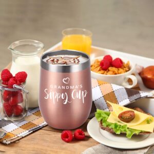 Gifts for Grandma Grandma's Sippy Cup Wine Tumbler with Lid, Birthday Mother's Day Gifts for Grandma Grandmother New Best Grandma Nana, 12 Oz Insulated Stainless Steel Tumbler with Straw, Rose Gold