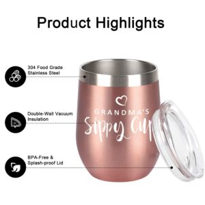 Gifts for Grandma Grandma's Sippy Cup Wine Tumbler with Lid, Birthday Mother's Day Gifts for Grandma Grandmother New Best Grandma Nana, 12 Oz Insulated Stainless Steel Tumbler with Straw, Rose Gold