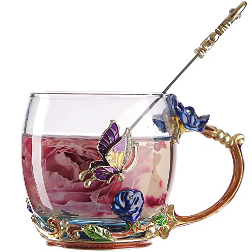 NOVIIML els Butterfly Flower Tea Cup, Glass Coffee Mugs with Spoon, Valentines Mothers Day Graduation Christmas Gifts for Women Wife Mom Her Grandma Girls Teacher Friends, Birthday Present Idea