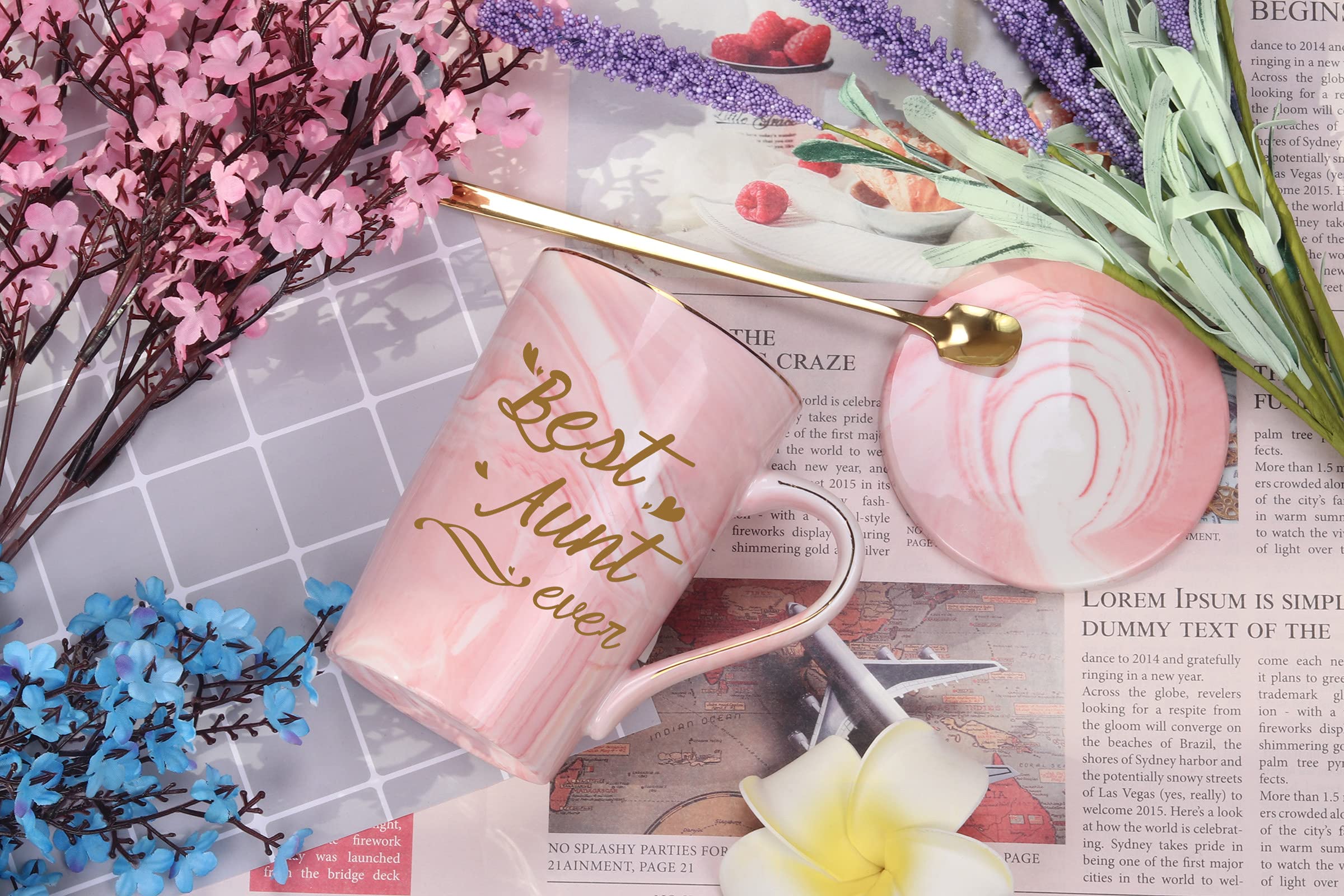 Best Aunt Ever Mug Best Aunt Ever Coffee Mug Best Aunt Ever Gifts Best Aunt Ever Cup Aunt Coffee Mug Birthday Mothers Day Gifts for Aunt from Nephew Niece 14 Ounce Pink with Gift Box Spoon Coaster