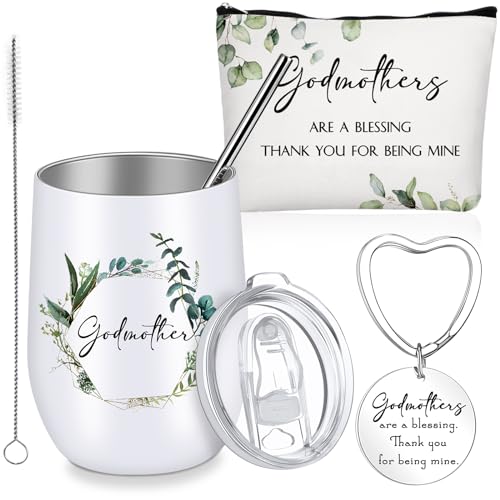 Didaey Set of 3 Godmother Gifts 12oz Stainless Steel Tumblers Godmother Gifts Godmothers Makeup Bags Key Chain for Thanksgiving Wedding Holiday Appreciated Gift(Leaves)