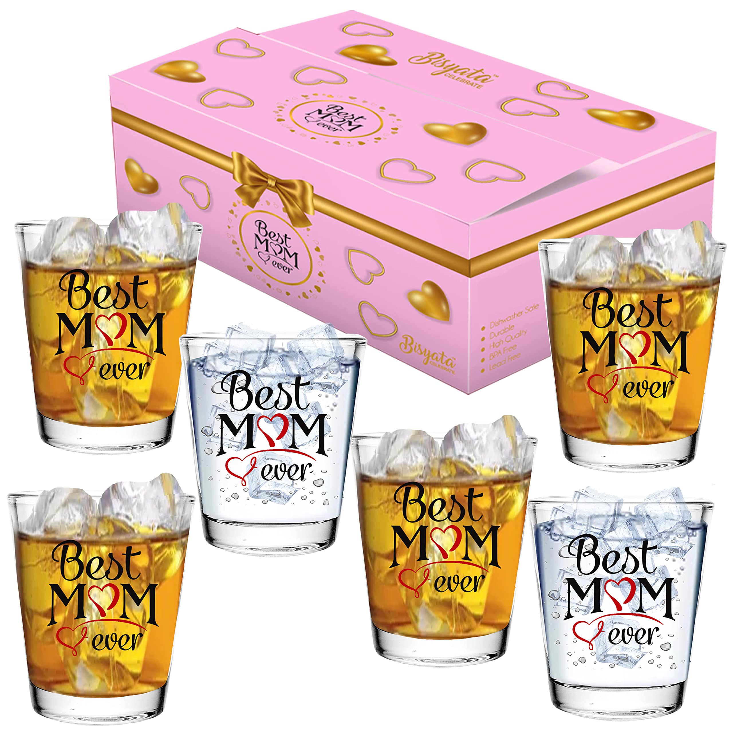 BISYATA Gift for Mom, Mothers Day Gift - Best MOM Ever Shot Glasses - Great Mother Birthday/Christmas Gifts from Daughter and Son - 2oz CLEAR Shot Glass Set of 6 - With Gift Box