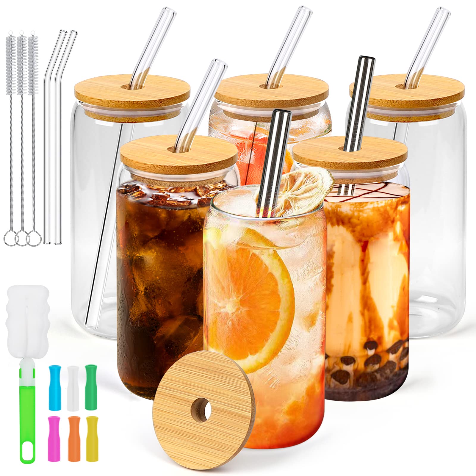 6 Pack Beer Coffee Glasses with Bamboo Lids and Glass Straws, 16oz Iced Coffee Cups, Can Shape Glass Cups, Drinking Glasses with Lids and Straws, Beer Glasses, Ideal for Water, Soda, Tea, Gift