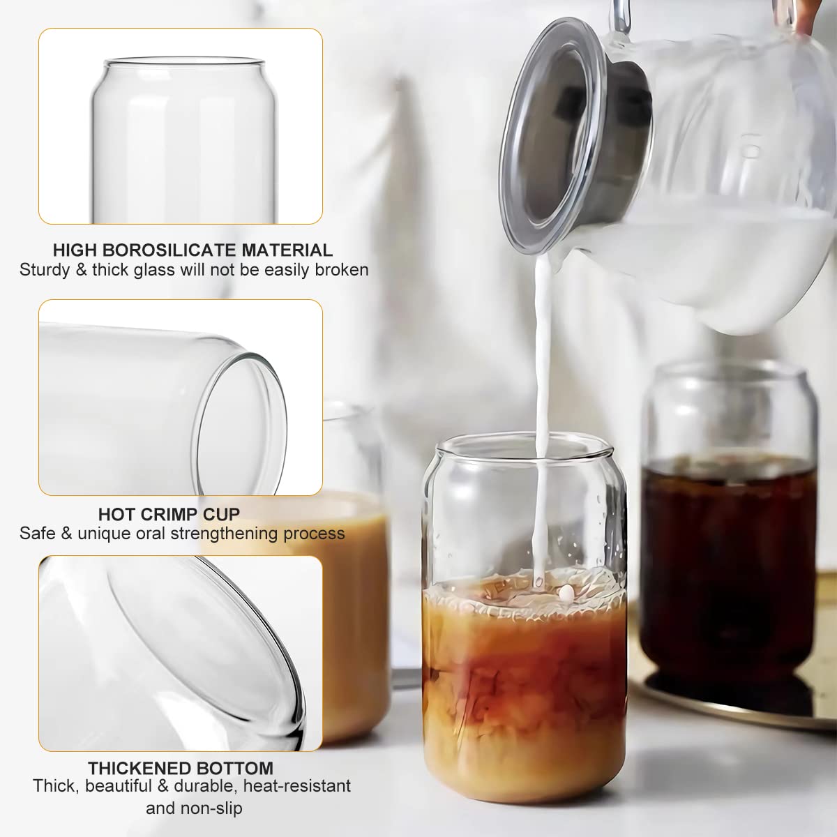 6 Pack Beer Coffee Glasses with Bamboo Lids and Glass Straws, 16oz Iced Coffee Cups, Can Shape Glass Cups, Drinking Glasses with Lids and Straws, Beer Glasses, Ideal for Water, Soda, Tea, Gift