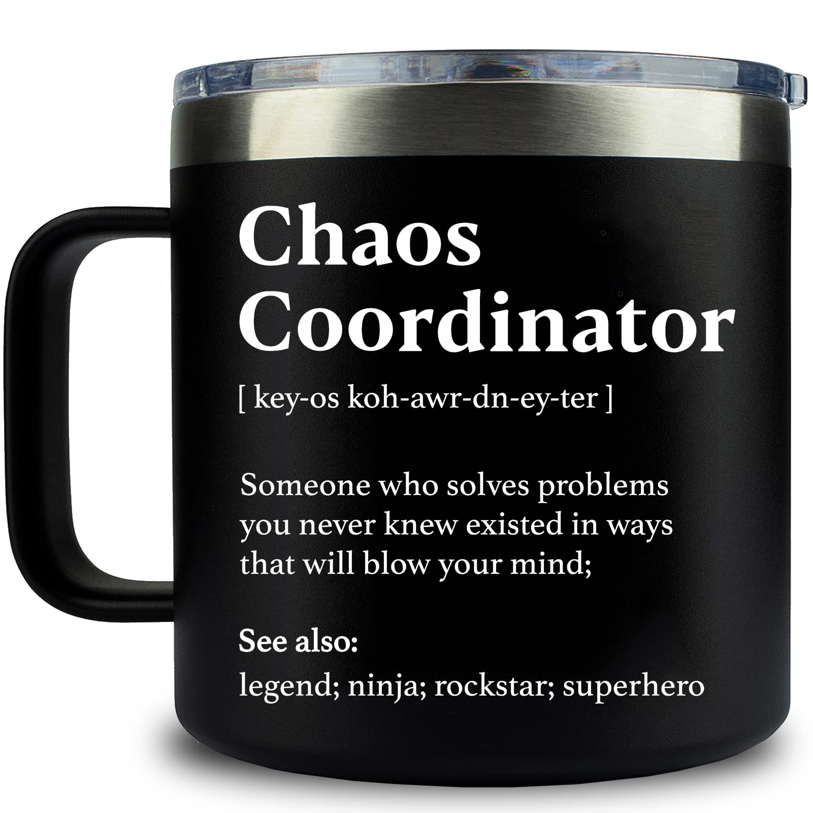 WECACYD Chaos Coordinator Tumbler Mug - Teacher Appreciation Gifts, Administrative Professional Day Gifts - Thank You Gifts for Women, Assistant, Coworker, Boss, Boss Lady, Nurse - 14oz Black Mug