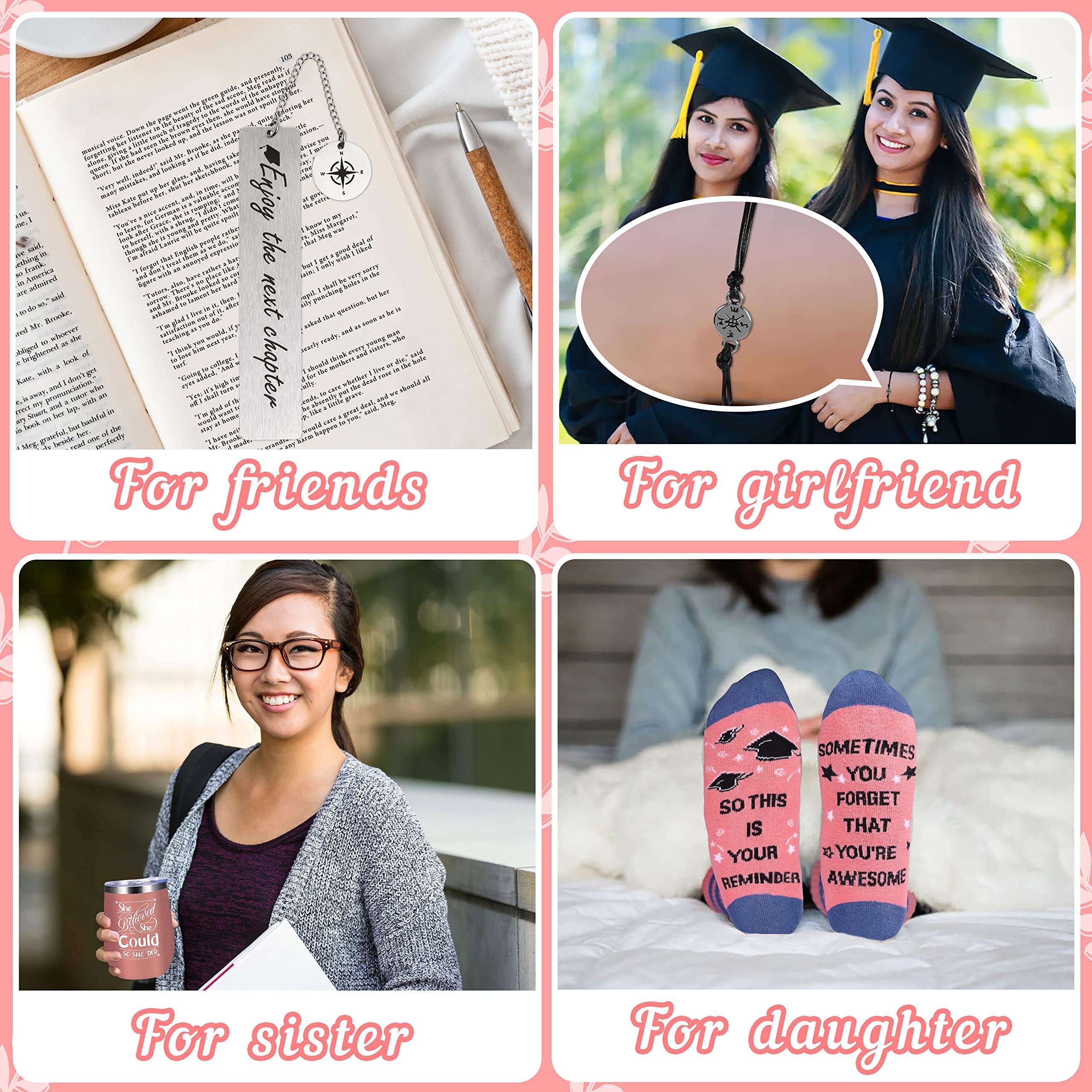 Graduation Gifts for Her 2024 - Grad Gift Set Includes Compass Bracelet,Tumbler,Bookmark,Towel,Key Bottle Opener,Socks for Women Girls