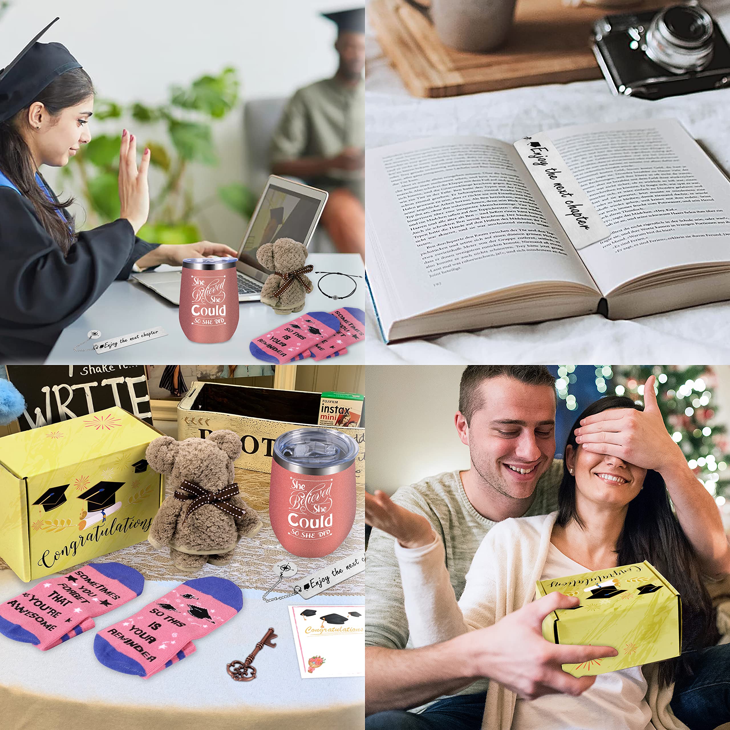 Graduation Gifts for Her 2024 - Grad Gift Set Includes Compass Bracelet,Tumbler,Bookmark,Towel,Key Bottle Opener,Socks for Women Girls