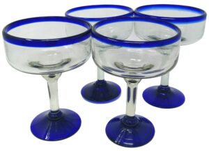 dos sueños mexican hand blown glass - set of 4 hand blown margarita glasses - cobalt blue rim (16 oz)