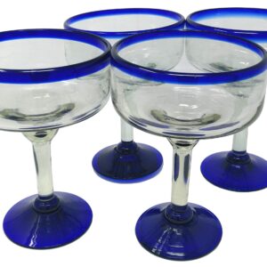 Dos Sueños Mexican Hand Blown Glass - Set of 4 Hand Blown Margarita Glasses - Cobalt Blue Rim (16 oz)