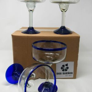 Dos Sueños Mexican Hand Blown Glass - Set of 4 Hand Blown Margarita Glasses - Cobalt Blue Rim (16 oz)