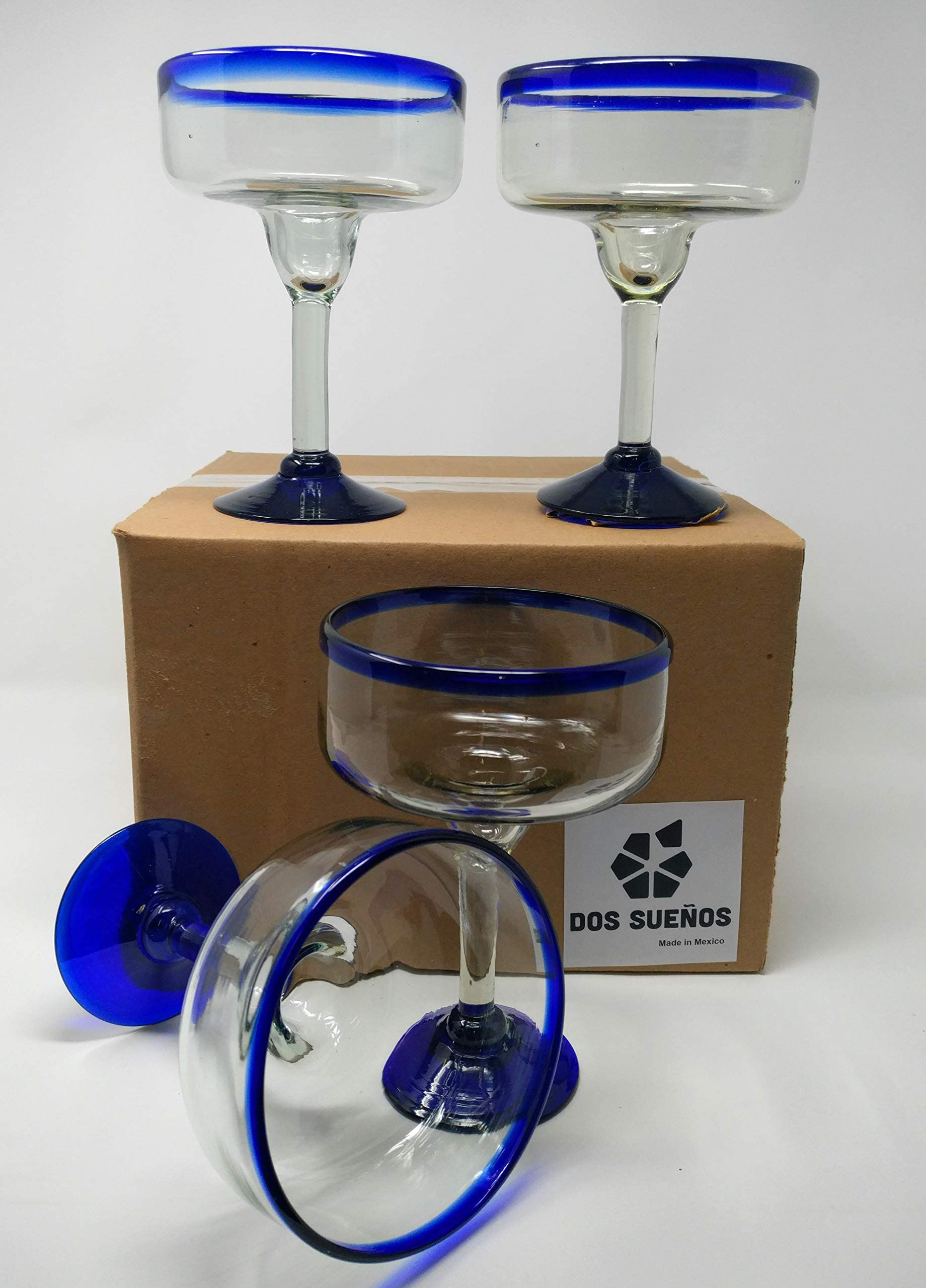 Dos Sueños Mexican Hand Blown Glass - Set of 4 Hand Blown Margarita Glasses - Cobalt Blue Rim (16 oz)