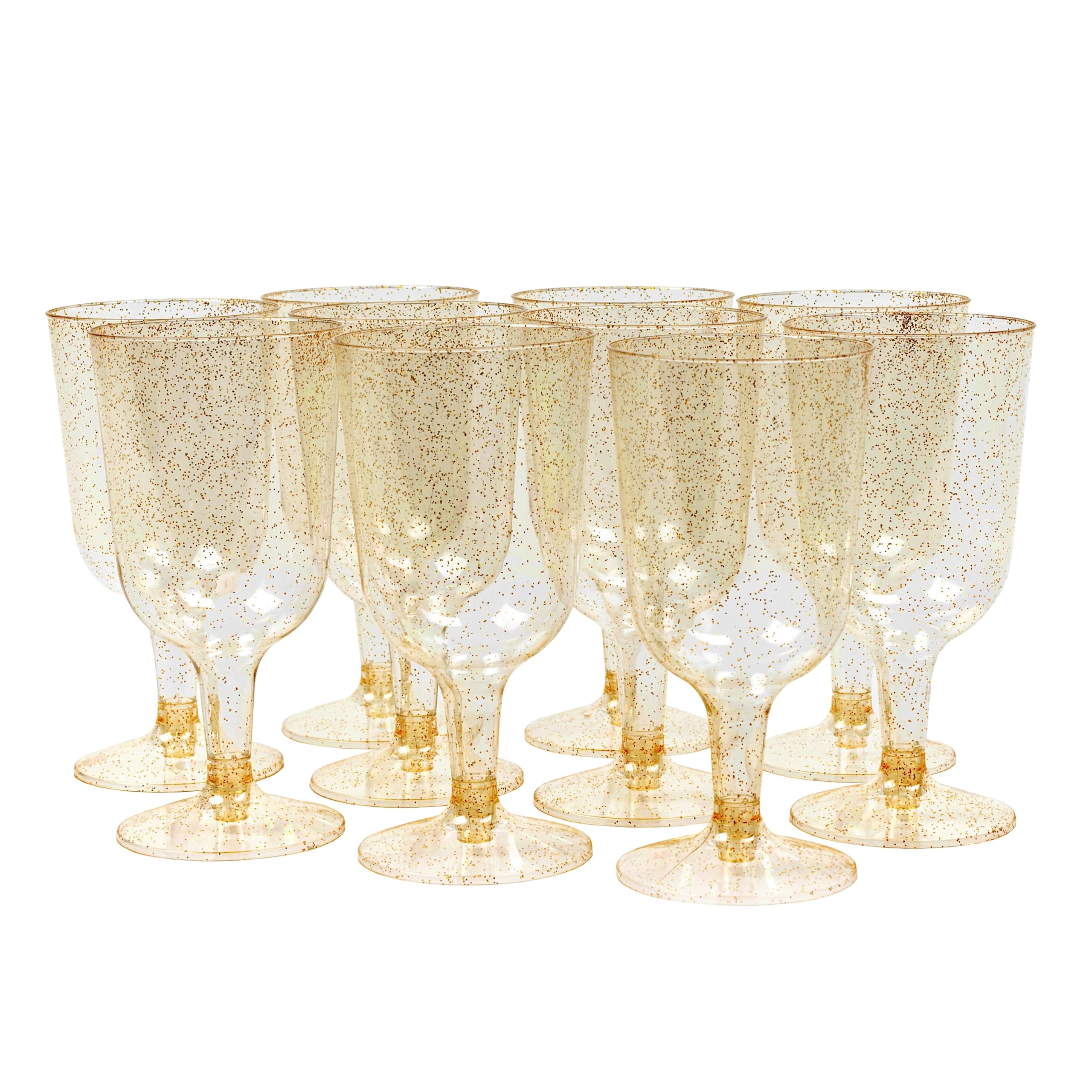 MATANA 50 Gold Glitter Goblet Plastic Wine Glasses for Weddings, Birthdays, Bridal Shower & Parties, 6oz - Sturdy & Reusable