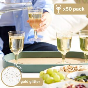 MATANA 50 Gold Glitter Goblet Plastic Wine Glasses for Weddings, Birthdays, Bridal Shower & Parties, 6oz - Sturdy & Reusable