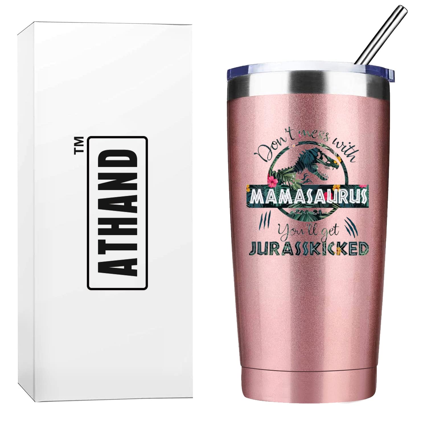 ATHAND Mom Birthday Gifts - Mothers Day Gifts For Mom From Daughter, Son, Husband, Kids - New Mom Cup Tumbler - Funny MAMASAURUS Iced Coffee Mug Insulated Tumbler Cups with Lid Straw (Rose Gold)