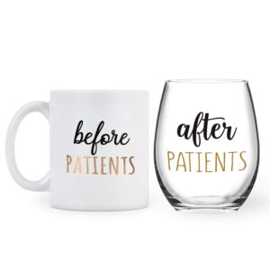 gtmileo before patients, after patients 11 oz coffee mug and 15 oz stemless wine glass set for nurse, doctor, dentist, dental, physician, hygienist