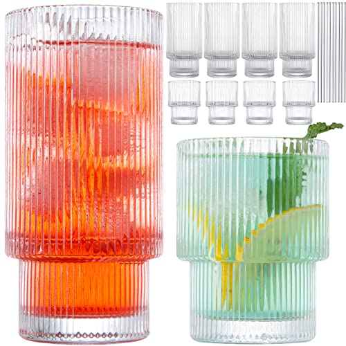 Claplante Drinking Glasses, Origami Style 8 pcs Glass Cups with straw, 4 Highball Glasses & 4 Rocks Glasses, Elegant Ripple Vintage Glassware, Iced Coffee Glasses, Ideal for Cocktail, Whiskey, Juice