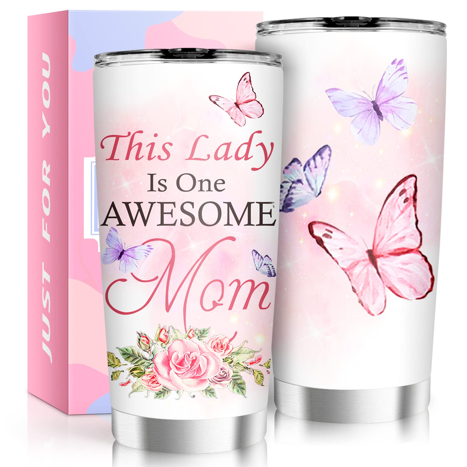 WNNNS Gifts for Mom - 20oz Pink Butterfly Gifts Stainless Steel Tumbler-Mother's Day Gifts for Mom From Daughter Son- Personalized Butterfly Cup Gifts Insulated Travel Coffee Mug with Lid.