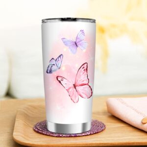 WNNNS Gifts for Mom - 20oz Pink Butterfly Gifts Stainless Steel Tumbler-Mother's Day Gifts for Mom From Daughter Son- Personalized Butterfly Cup Gifts Insulated Travel Coffee Mug with Lid.