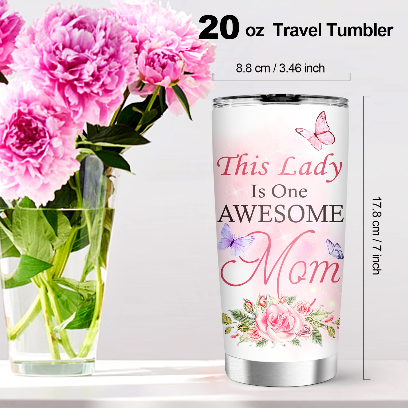 WNNNS Gifts for Mom - 20oz Pink Butterfly Gifts Stainless Steel Tumbler-Mother's Day Gifts for Mom From Daughter Son- Personalized Butterfly Cup Gifts Insulated Travel Coffee Mug with Lid.