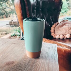 Mora Double Wall Ceramic Coffee Travel Mug with Lid, 14 oz, Portable, Microwave, Dishwasher Safe, Insulated Reusable Tall Cup, Splash Resistant Lid - To Go Tumbler for Car Cup Holder, Seafoam