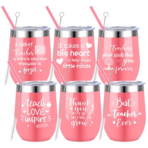 6 pcs christmas teacher appreciation gifts thank you teacher gifts for women stainless steel teacher tumbler with straw and lid 12 oz insulated teacher mug birthday gifts for teacher(pink)